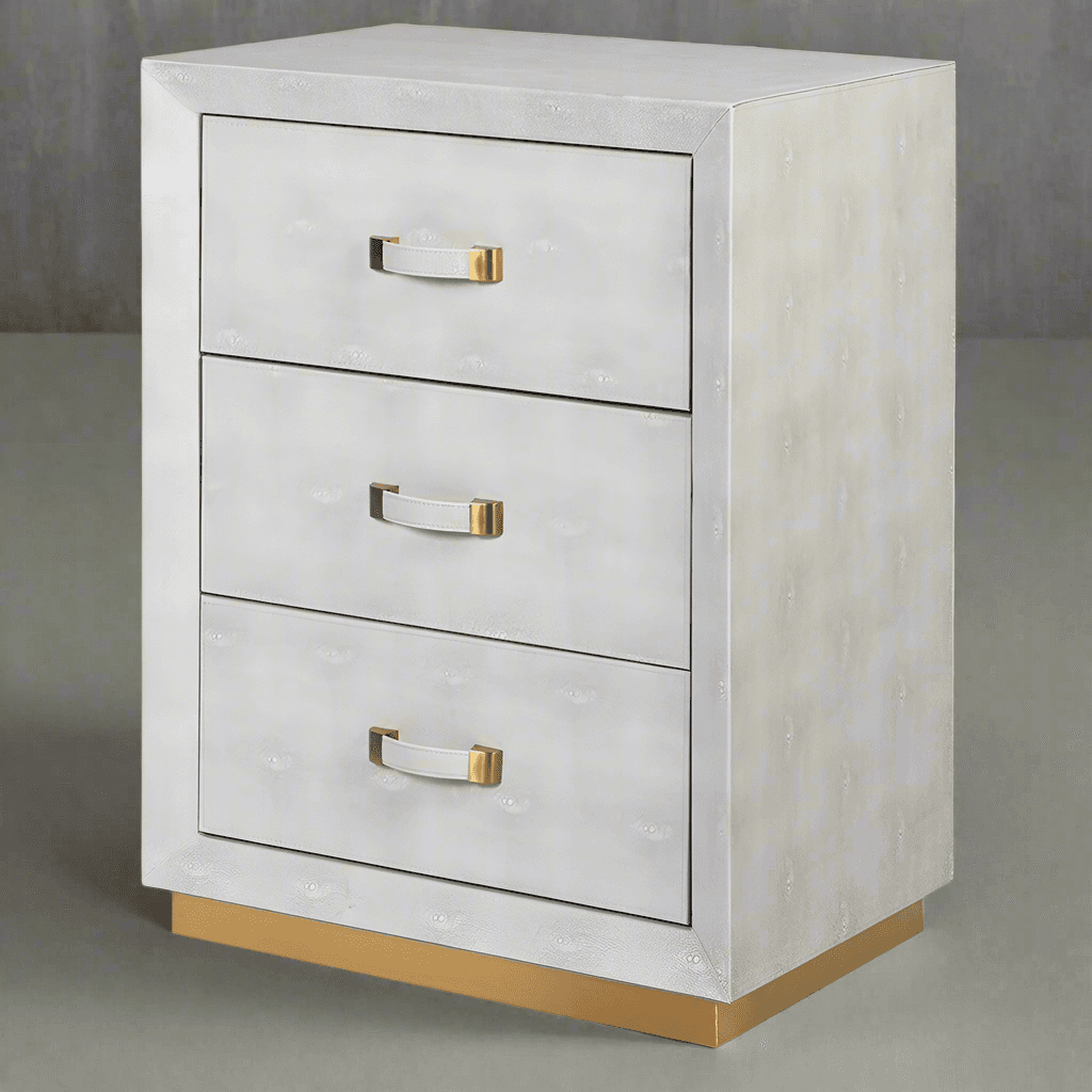 Faux Shagreen Bedside Table I Three Drawer I Gilt Metal Base – Decorexi A World of Interiors