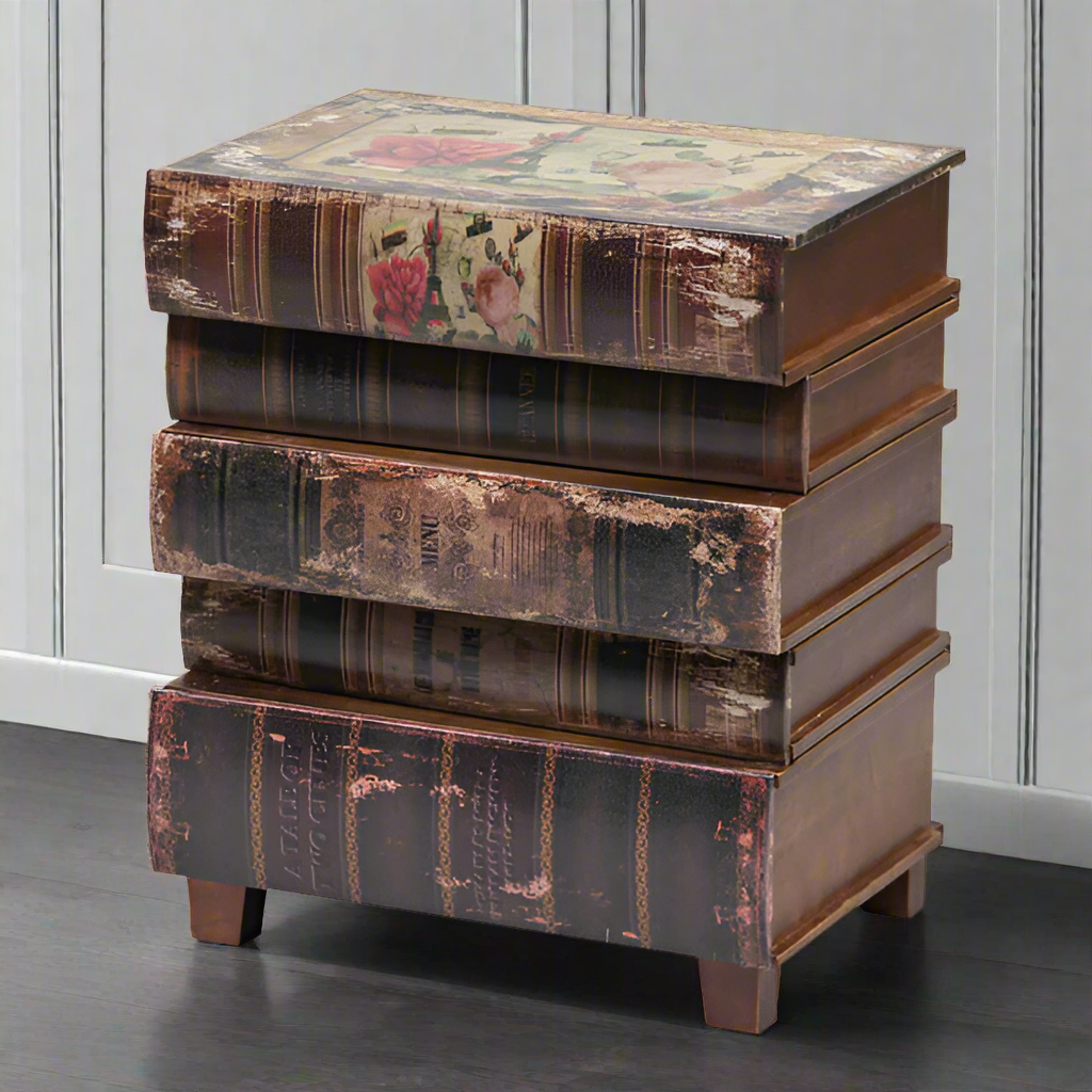 Decorexi | Antique Stacked Books Bedside | Side Table | 3 Drawers ...