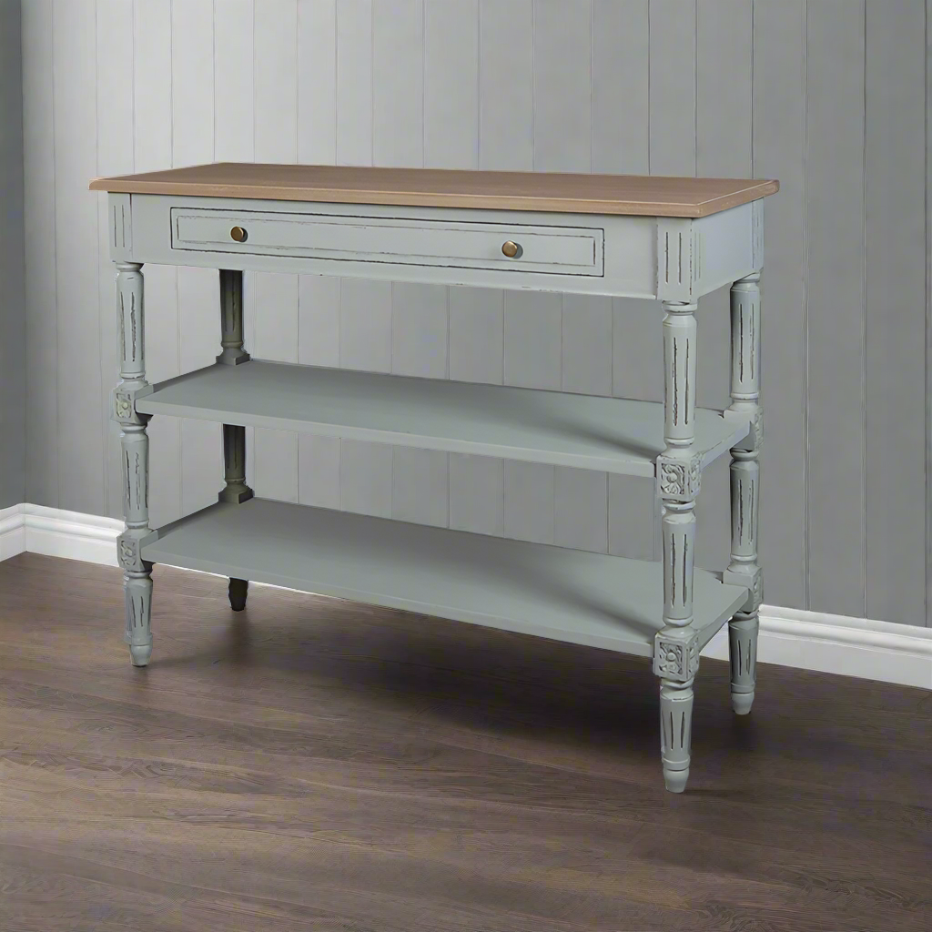 Decorexi Grey Painted Console I 3 Shelf Table I Consoles Chiswick Decorexi A World of Interiors