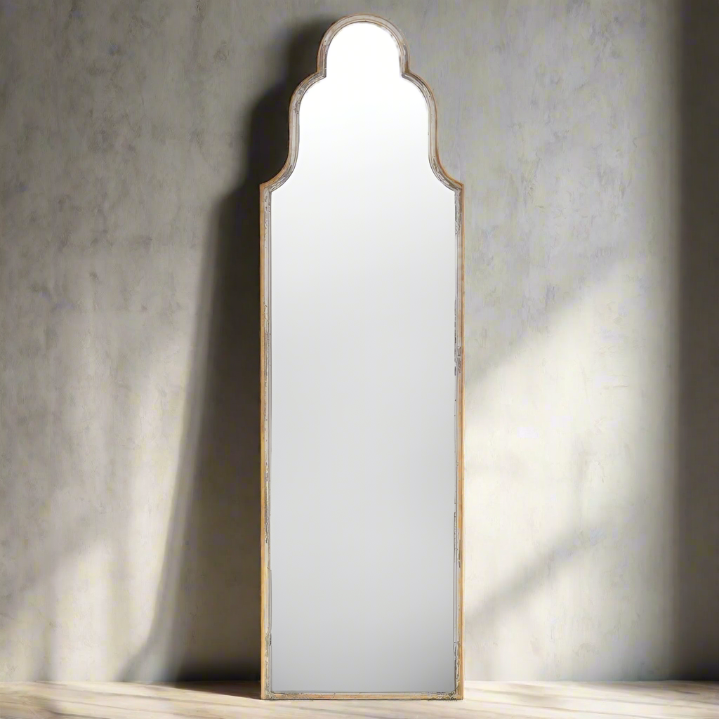 White Aged Metal Arched Mirror 133 cm
