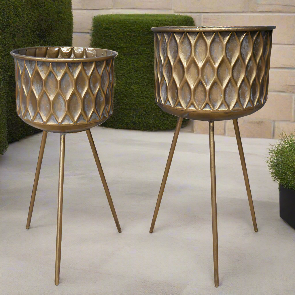 Set Of Two Metal Plant Stands | Gold Metal Planters | Outdoor Planters – Decorexi A World of ...