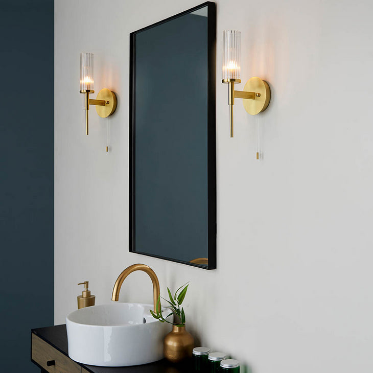Brushed Gold Ribbed Glass Wall Light IP44